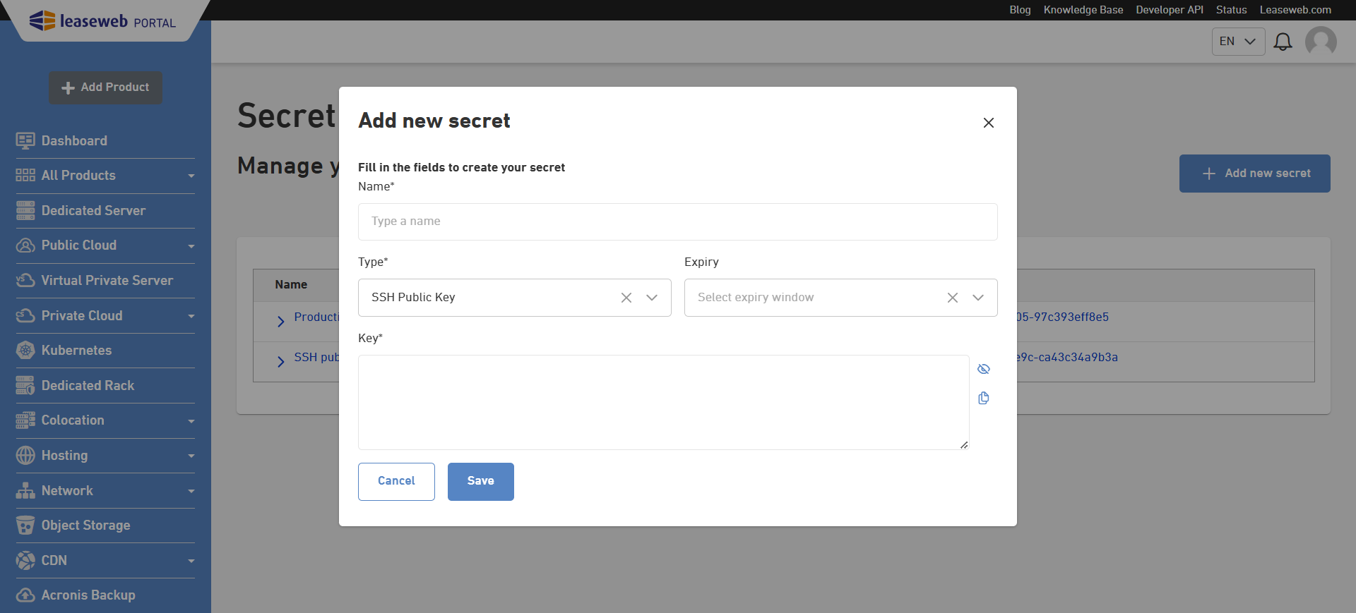 Customer Portal Secret Management Knowledge Base Leaseweb