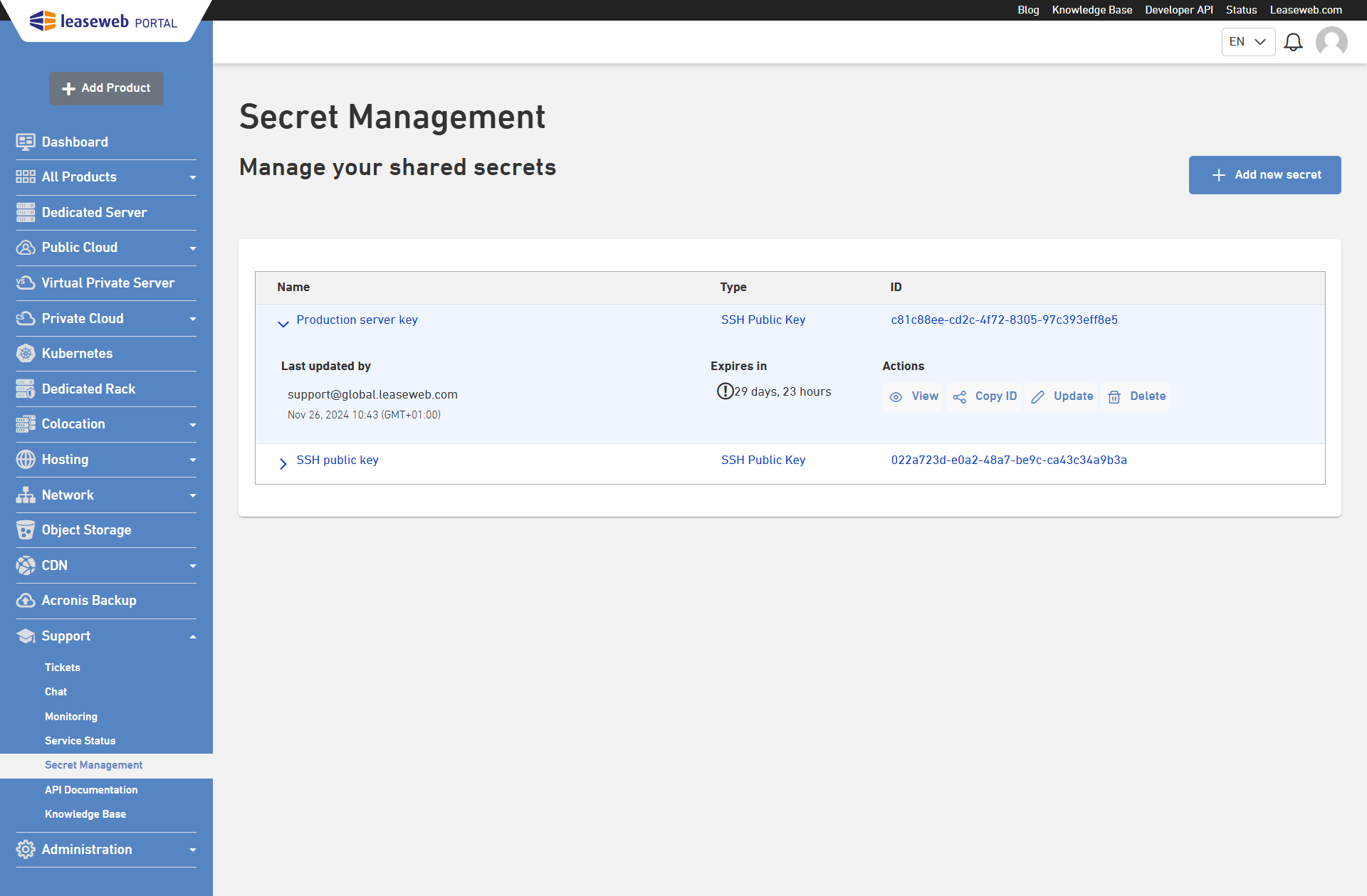 Customer Portal Secret Management Knowledge Base Leaseweb